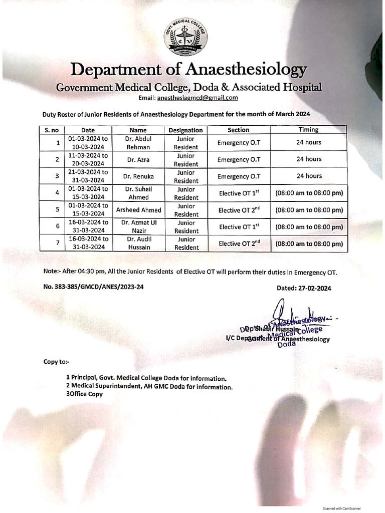 Duty Roster of JR Anesthesia Department March 2024 | PDF