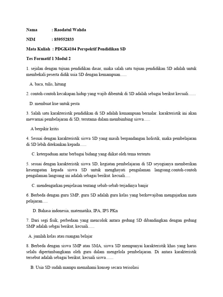 Contoh Tes Formatif Pendidikan SD | PDF