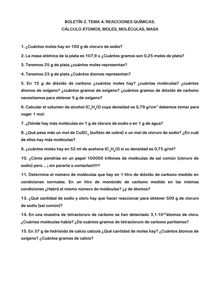 BOLETÍN 2 Calculo de Atomos, Moles, Moleculas | PDF