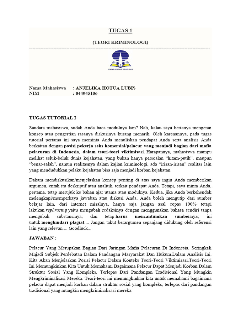TUGAS 1 - TEORI KRIMINOLOGI - Salin | PDF