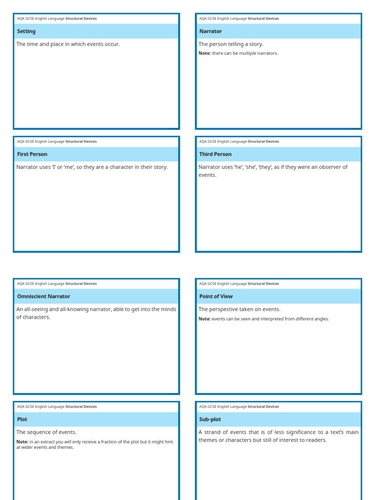 AQA Eng Lang P1 Q3 Structural Devices Flashcards | PDF | Narration | Irony