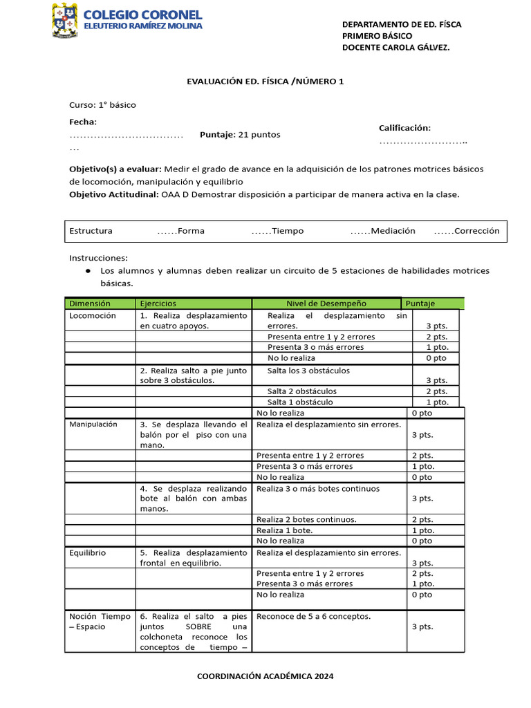 Evaluaci-N n1 Ed. F-Sica Primero B-Sico 2024 | PDF