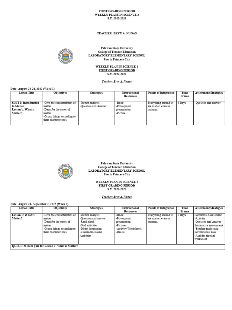 Weekly Plan in Science 2 SY 2022 2023 | PDF | Cognitive Science | Behavior Modification