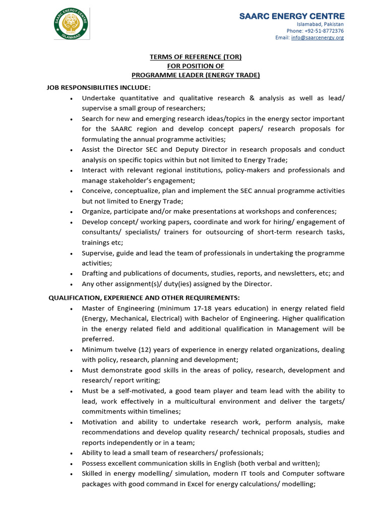 ToR For Programme Leader Energy Trade 20240320 | PDF | Application Software | Simulation