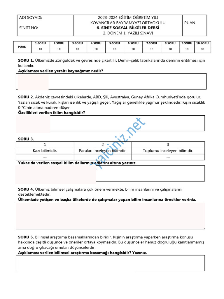 2023 2024 6. Sinif Sosyal Bilgiler 2. Donem 1. Yazili 10 Soruluk Cevap Anahtari | PDF