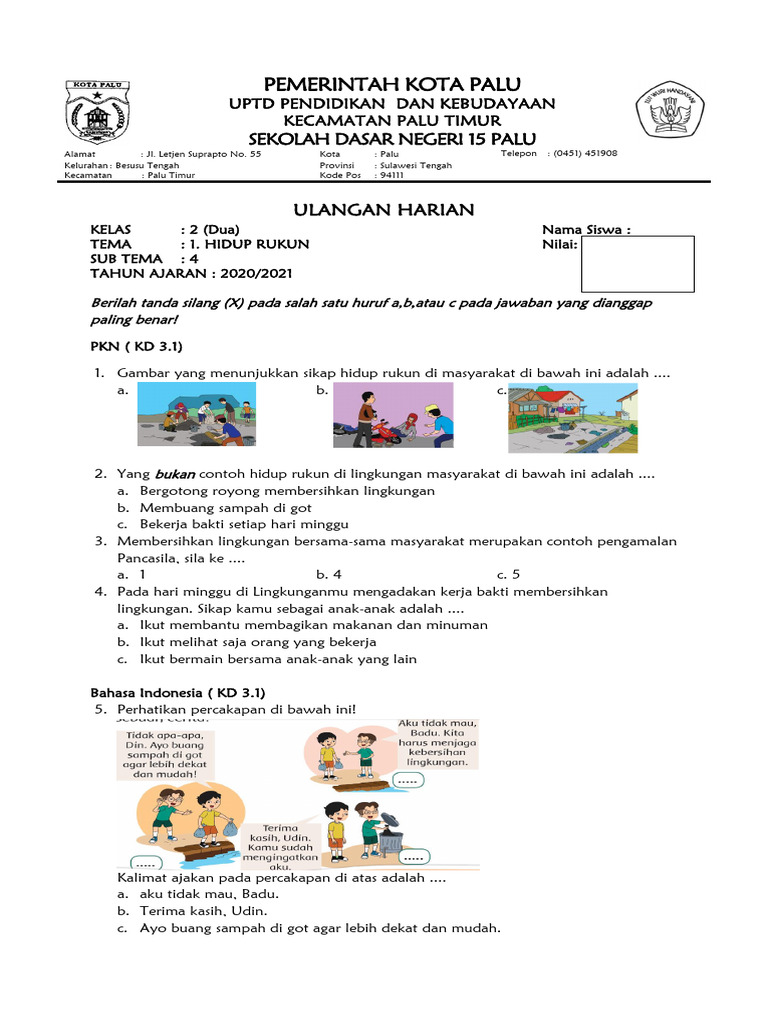 Soal UH Tema 1 Sub Tema 4 | PDF | Kajian Bahasa Asing