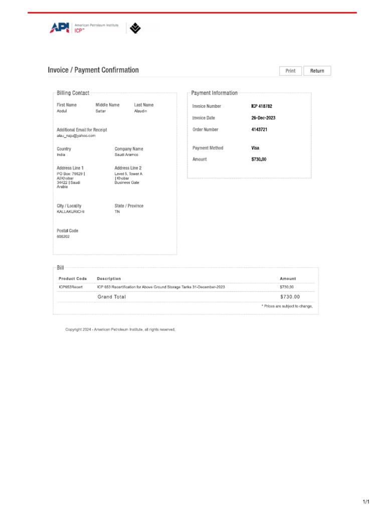 Api 653 Receipt | PDF
