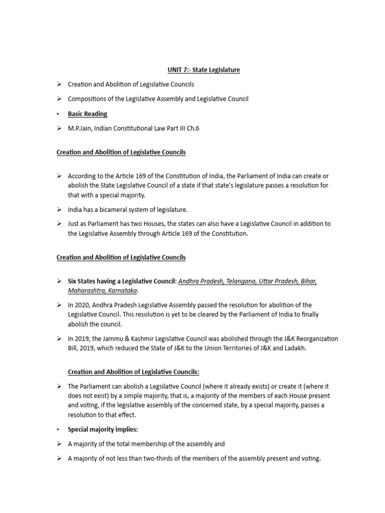Class Lecture Notes-Unit 7 and 8 - State Legislature and Union ... Class Lecture Notes-Unit 7 and 8 - State Legislature and Union ...