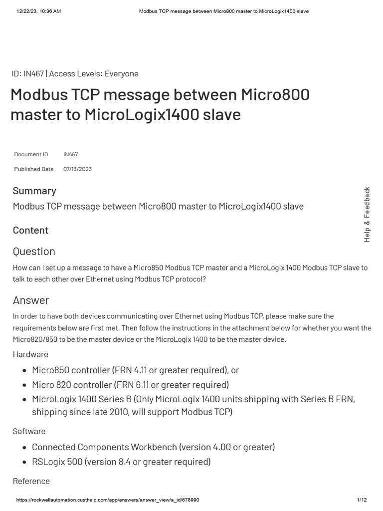 Modbus TCP message between Micro800 master to MicroLogix1400 slave | PDF | Network Architecture ...