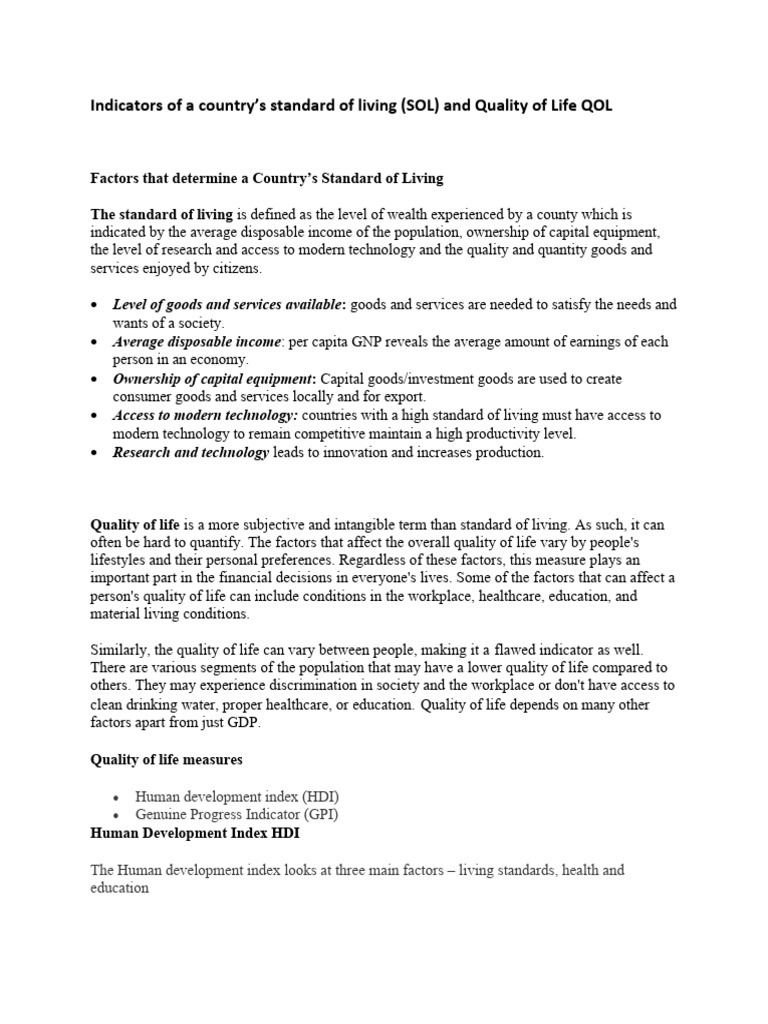 Standard of Living & Quality of Life | PDF | Gross Domestic Product ...