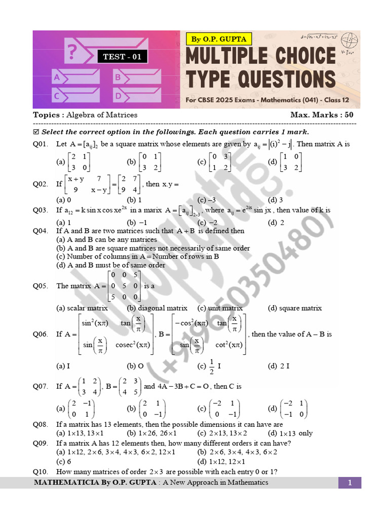 1 MCQ - Matrices | Download Free PDF | Matrix (Mathematics) | Mathematical Objects