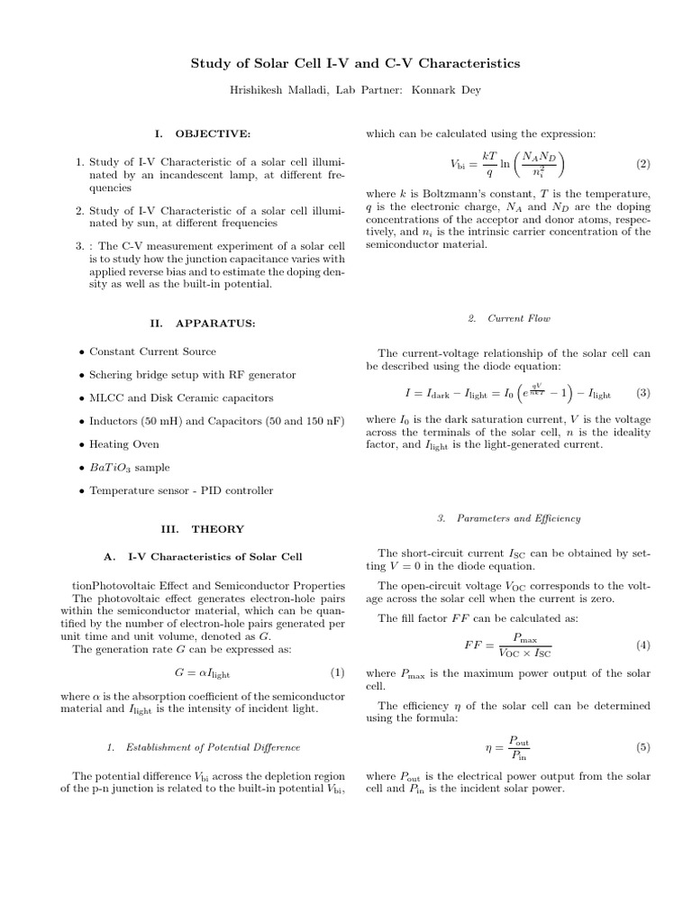 Report 3 Solar IV CV Characteristics | PDF | P–N Junction | Capacitor