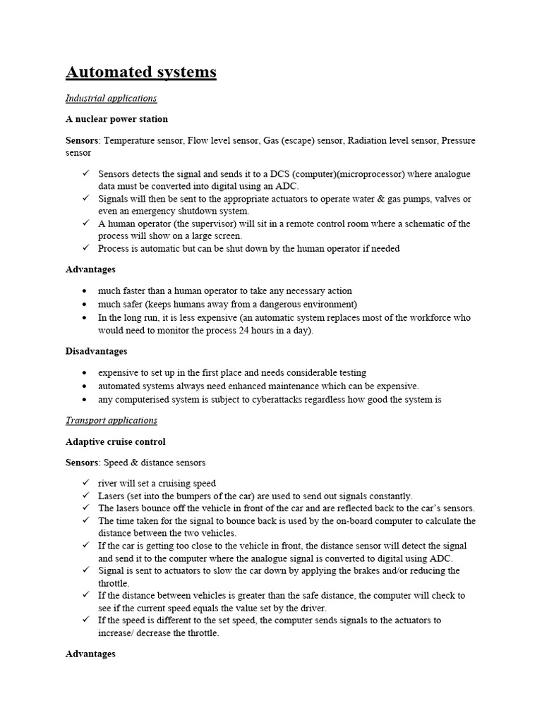 Automated Systems Summarised Notes Pdf Automation Sensor