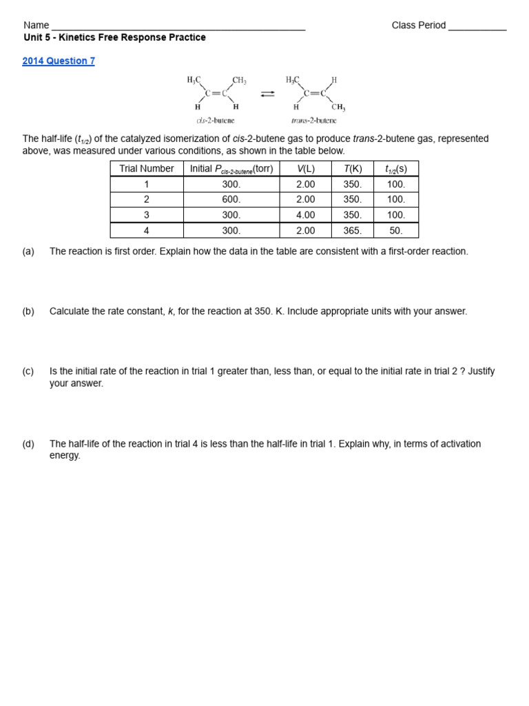 Unit 5 - Kinetics Free Response Practice | PDF | Reaction Rate | Chemical Reactions