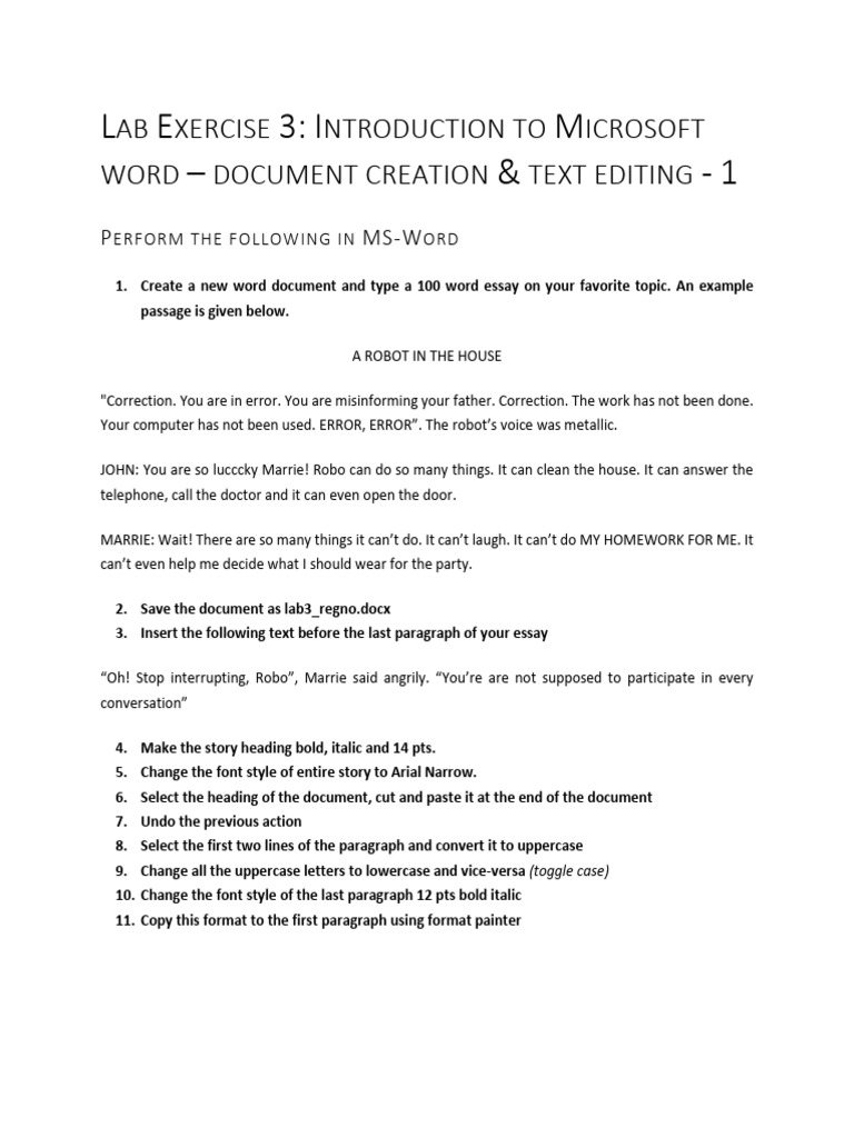 Lab# 03 Introduction To Microsoft Word - Document Creation & Text ...