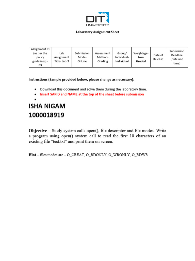 Lab-3 System Calls Assignment Sheet | PDF | Computers