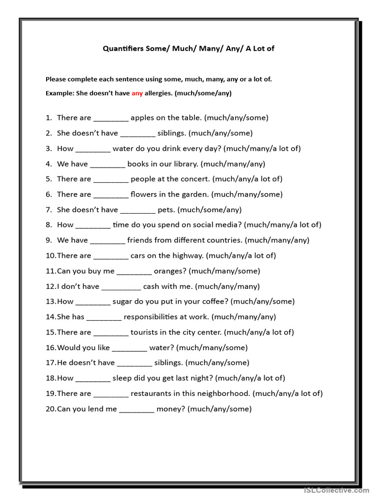 Quantifiers Quantifiers Some_ Much_ Many_ Any_ A Lot of | PDF