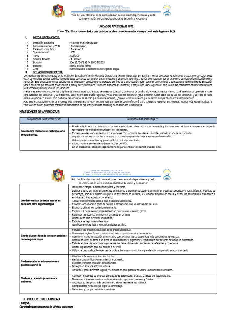 UNIDAD DE APRENDIZAJE 2024 II Quinto | Descargar gratis PDF | Aprendizaje | Evaluación