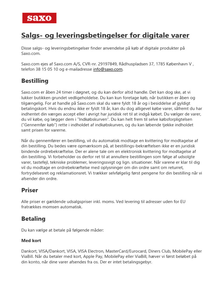 Salgs - Og Leveringsbetingelser For Digitale Varer | PDF