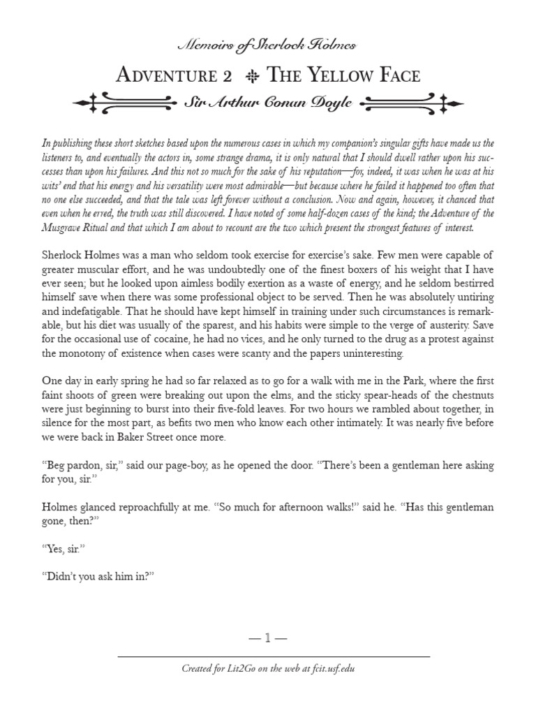 The Memoirs of Sherlock Holmes 002 Adventure 2 The Yellow Face | PDF ...