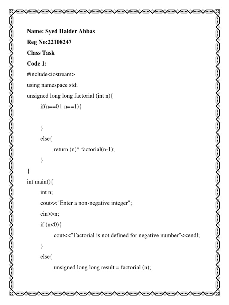 Name: Syed Haider Abbas Reg No:22108247 Class Task Code 1 | PDF | Namespace | Computer Programming