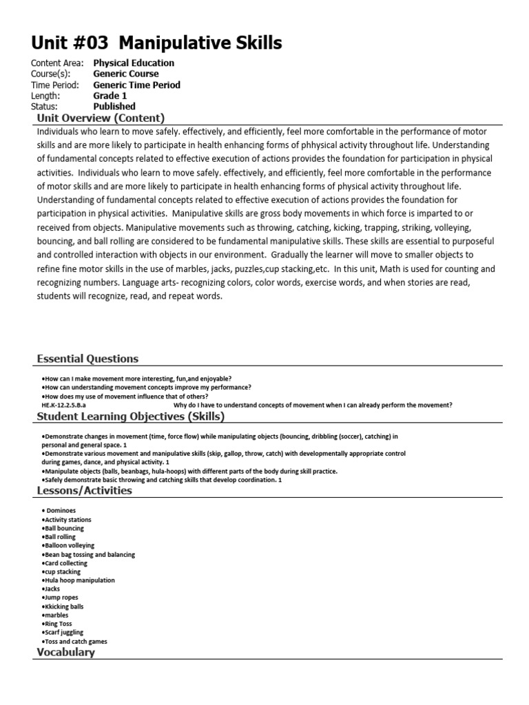 GR 1 PE Unit 3 | PDF | Teachers | Learning