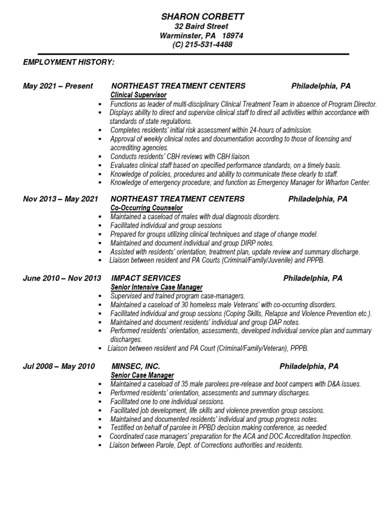Sharon Corbett Resume | Download Free PDF | Parole | Clinical Medicine
