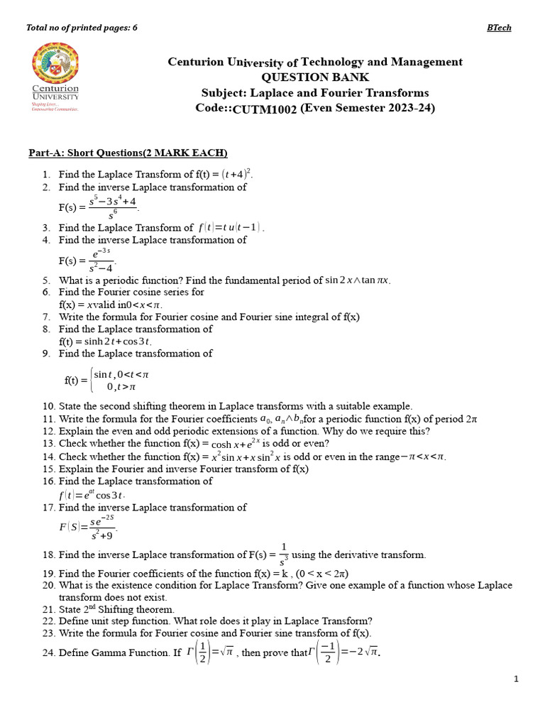 QUESTION BANK - (Laplace and Fourier Transform - CUTM1002) | PDF | Laplace Transform | Fourier ...