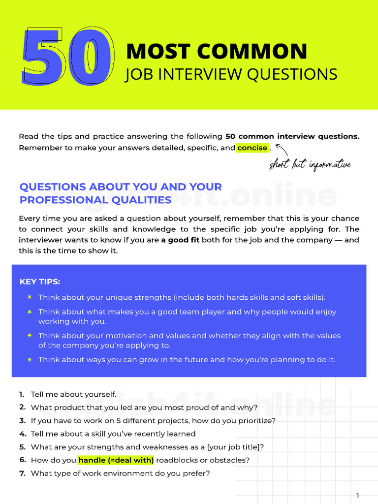 50 Most Common Job Interview Questions | Download Free PDF | Job ...