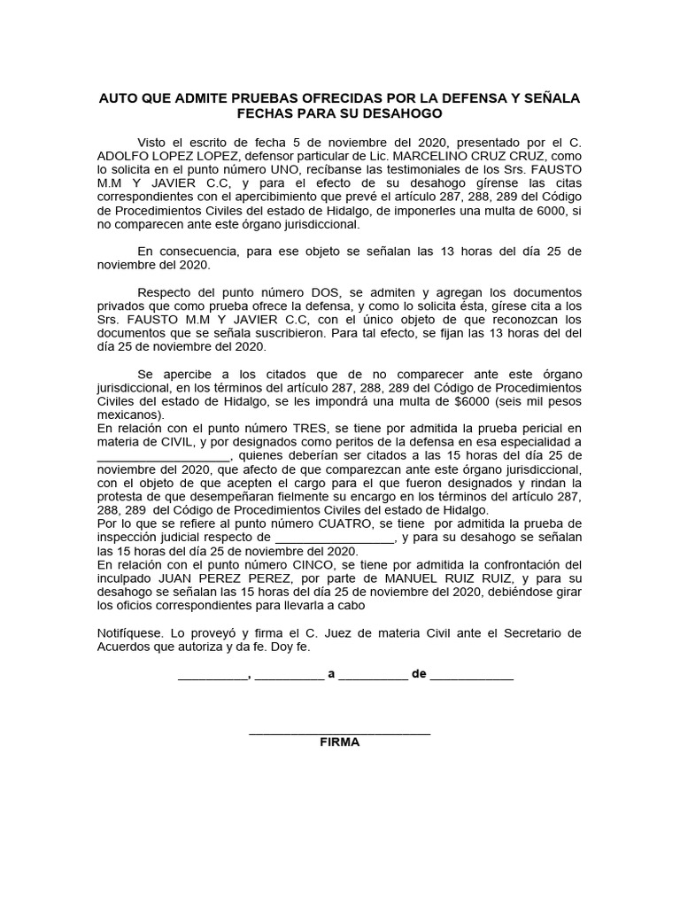 Auto Que Admite Pruebas Ofrecidas Por La Defensa y Senala Fechas para Su Desahogo | PDF ...