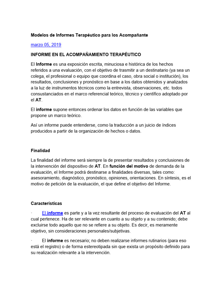 Modelos de Informes Terapéutico para Los Acompañante | PDF | Evaluación