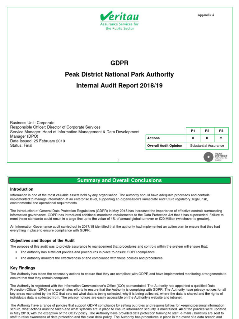 Appendix 4 GDPR Audit Report 2018 - 19 | PDF | Audit | Regulatory ...