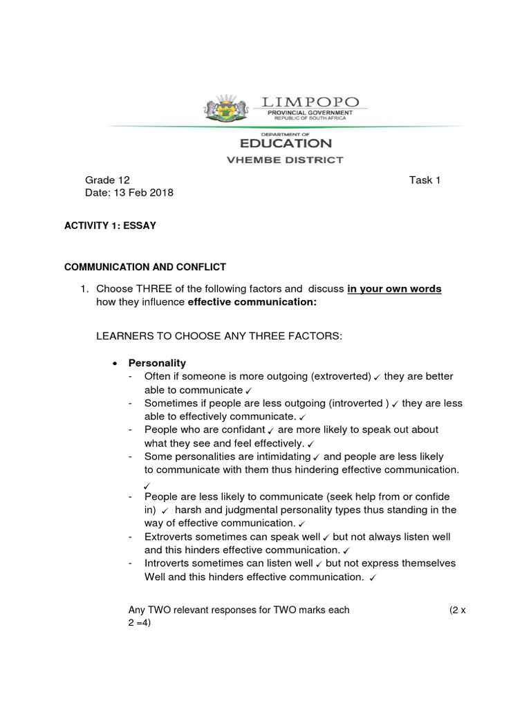 LO Grade 12 Activity 1 Memo | PDF | Communication | Extraversion And ...