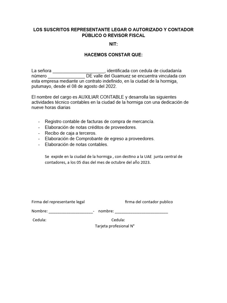 Los Suscritos Representante Legar o Autorizado y Contador Público o ...