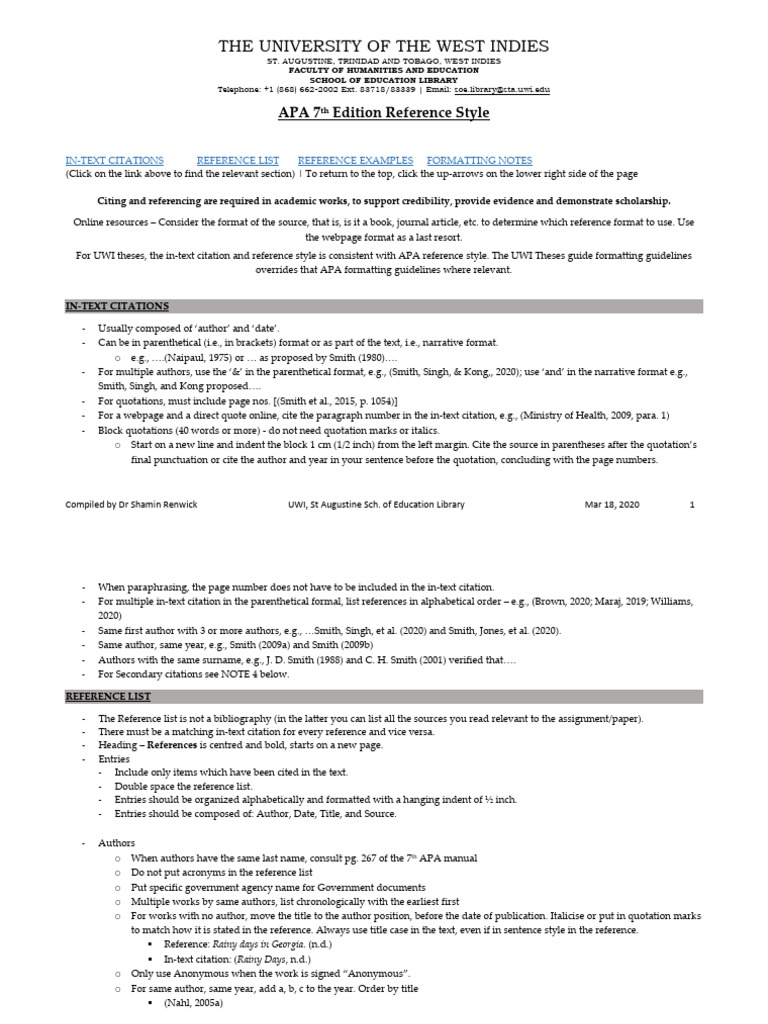 APA 7th Edition Reference Style DTD Mar 18 2021 UWI STA | PDF ...