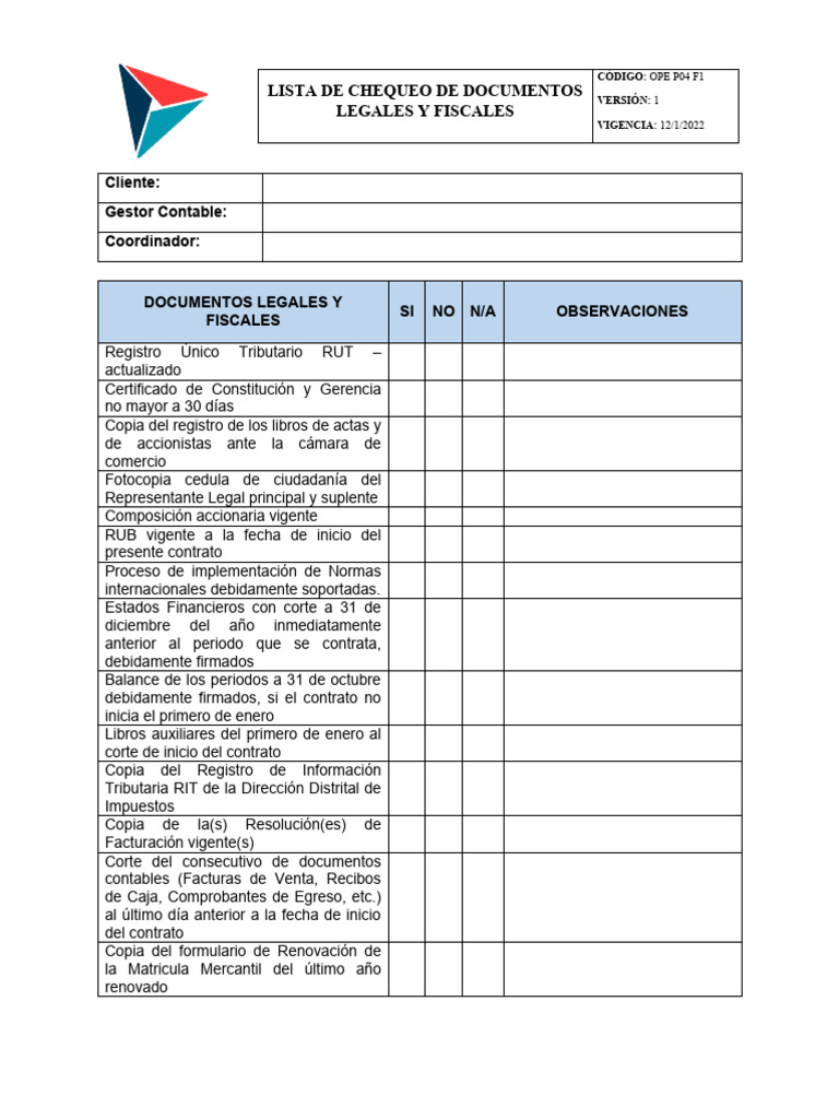 Lista de Chequeo Documentos Legales y Fiscales | Descargar gratis PDF ...