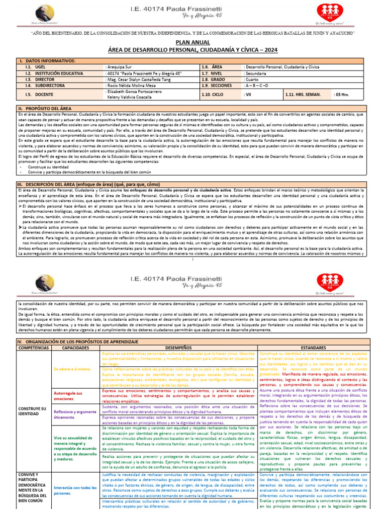 DPCC Plan Anual Cuarto A-B-C-D 2024 | PDF | Aprendizaje | Democracia