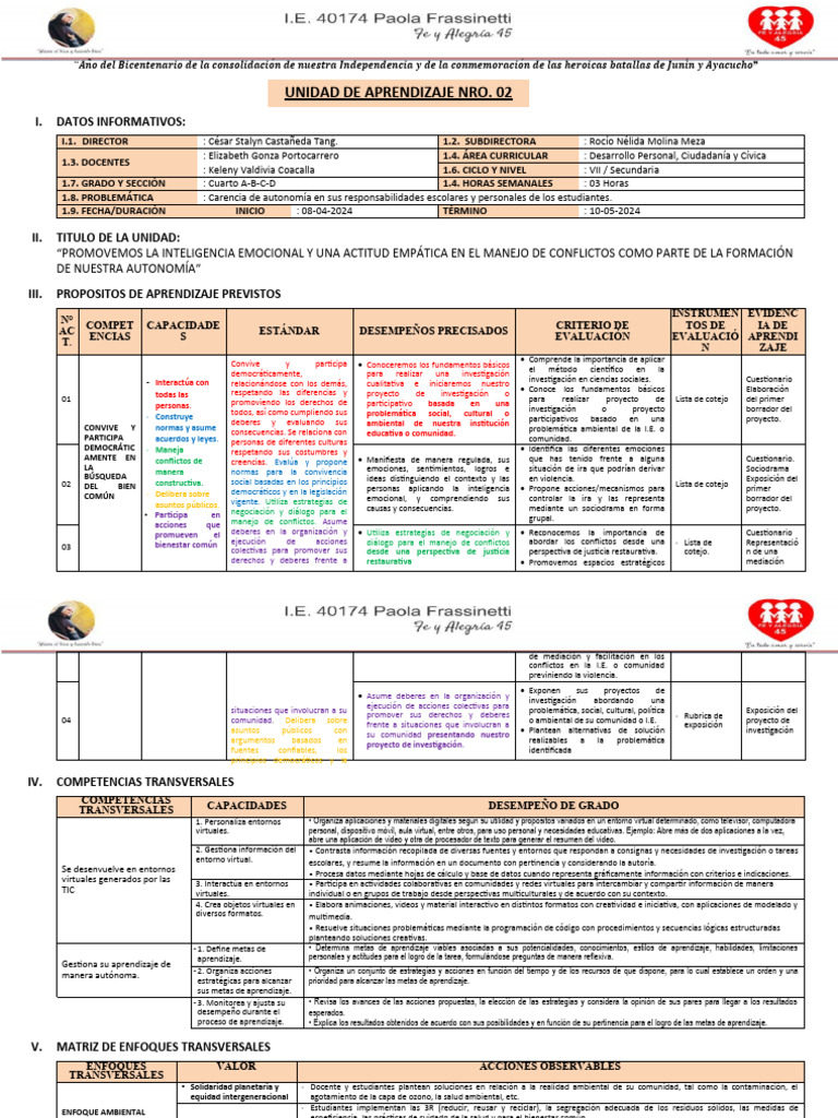 DPCC 4to Unidad 02 - Promovemos La Inteligencia Emocional y Una Actitud Empática en El Manejo de ...