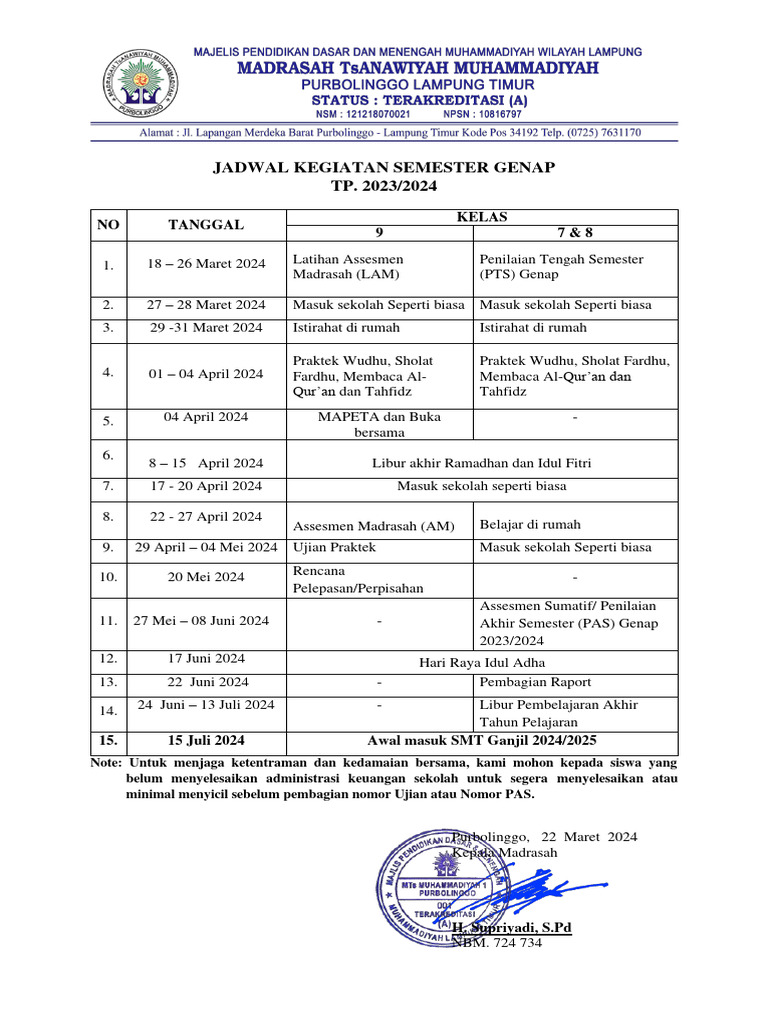 Jadwal Kegiatan Semester Genap 2024 | PDF