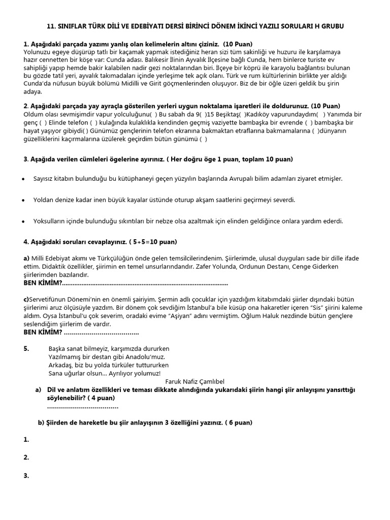 11.sinif Turk Dili Ve Edebiyati 1.donem 2.yazili Sorulari H Grubu | PDF