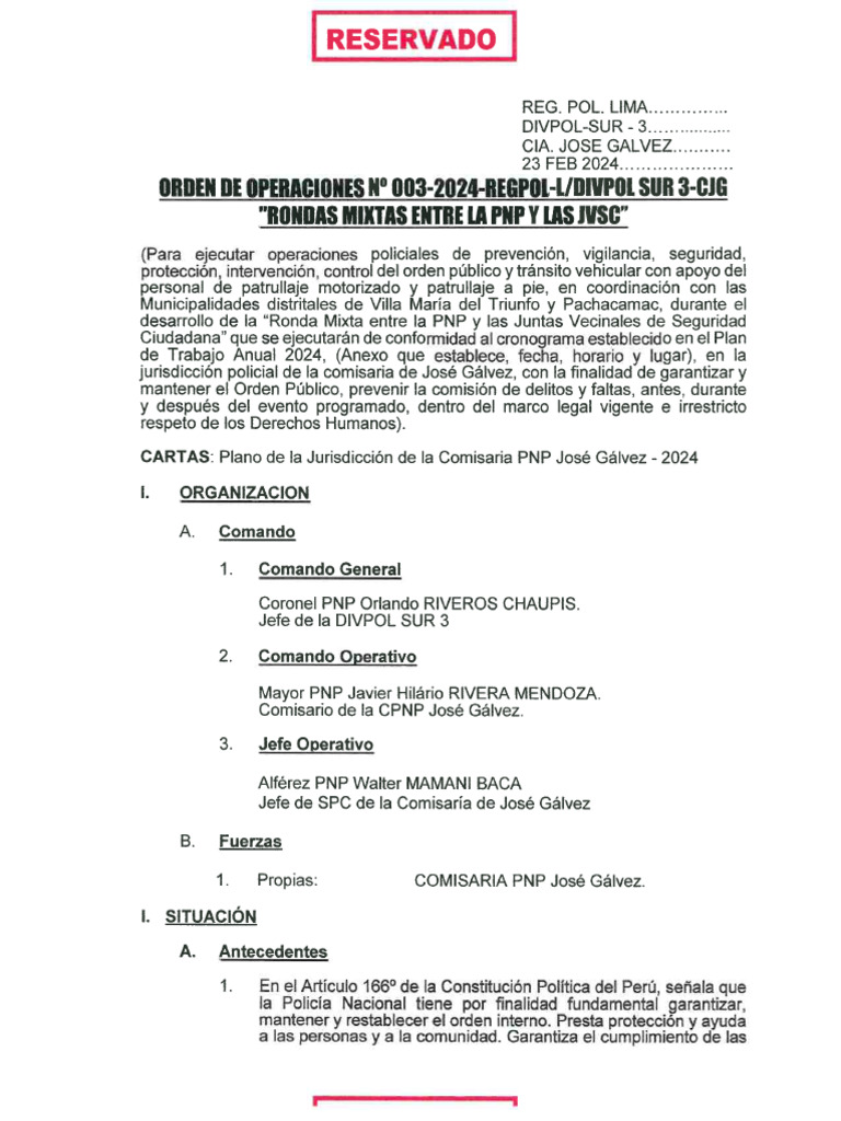 Orden de Operaciones Nro. 003-24 Rondas Mixtas JJVV Jose Galvez 2024 | PDF