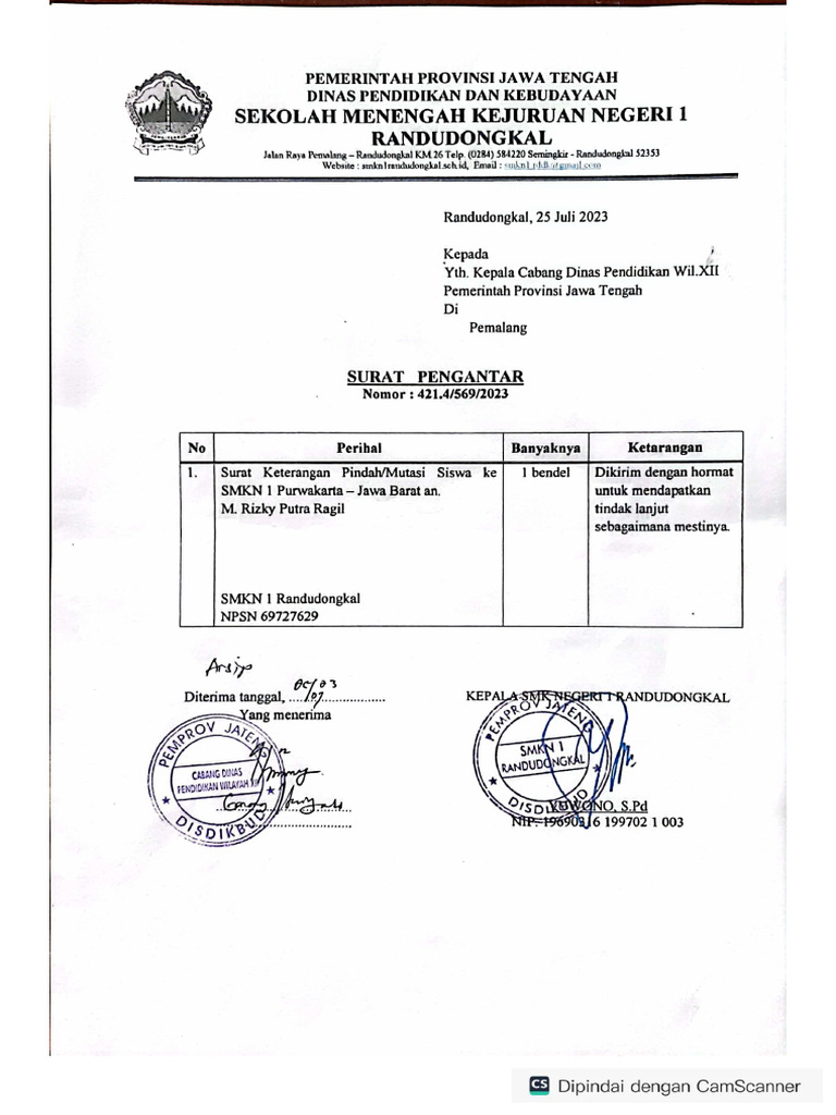 Surat Mutasi M. Rizky Putra Ragil | PDF
