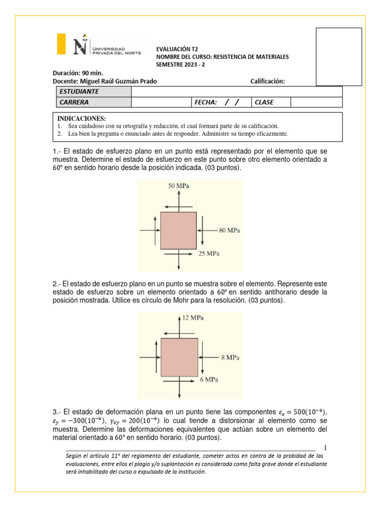 Evaluación T2 Resistencia de Materiales | PDF | Resistencia de materiales | Ingeniería mecánica