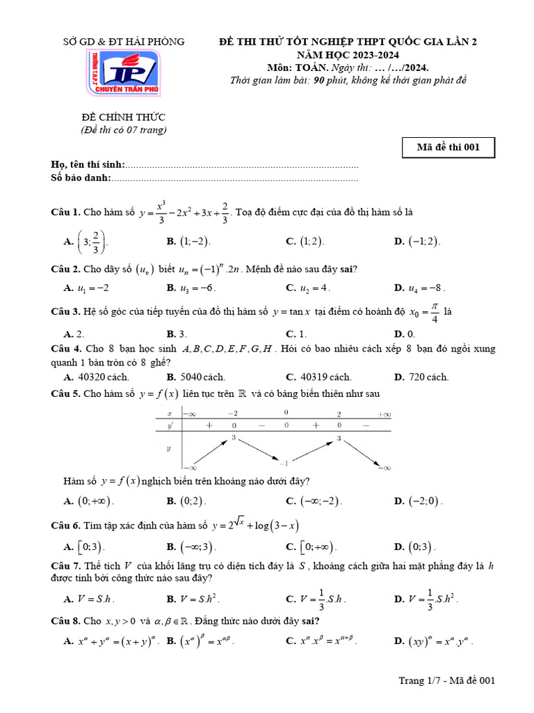 De Thi Thu Toan Tot Nghiep THPT 2024 Lan 2 Truong Chuyen Tran Phu Hai Phong | PDF