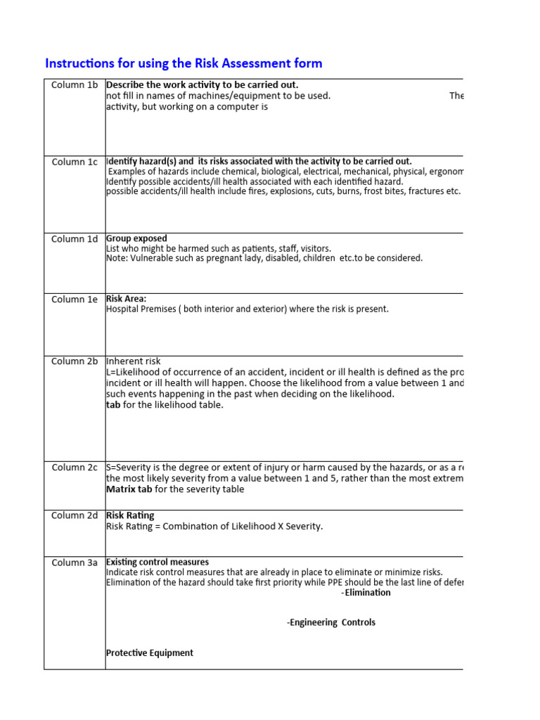 Risk Assessment Form Instructions | PDF | Risk | Hazards