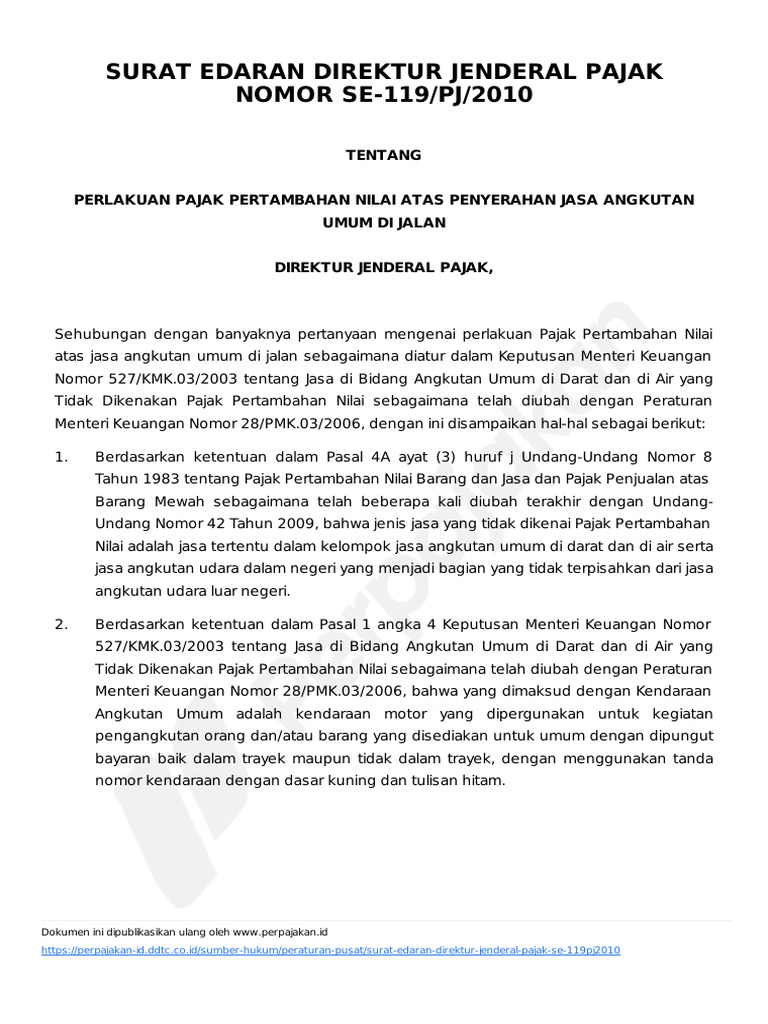 Surat Edaran Direktur Jenderal Pajak Nomor - SE-119 - PJ - 2010 | PDF Surat Edaran Direktur Jenderal Pajak Nomor - SE-119 - PJ - 2010 | PDF