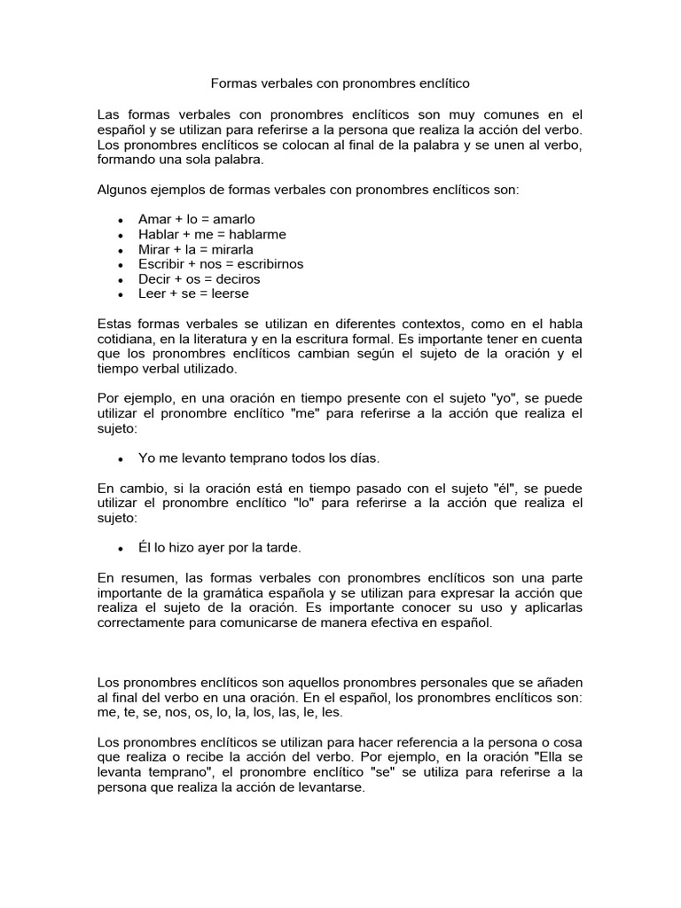 Formas Verbales Con Pronombres Enclítico | PDF | Verbo | Oración ...