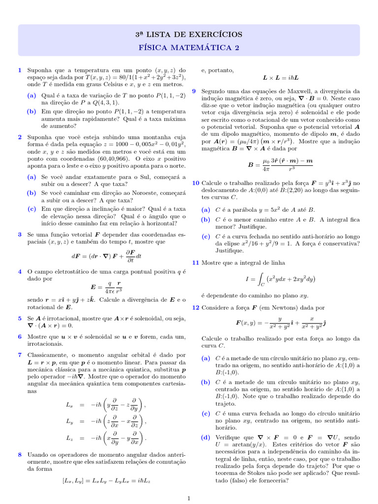 Lista3 FisicaMatematica2 2023 1 | PDF | Magnetismo | Divergência