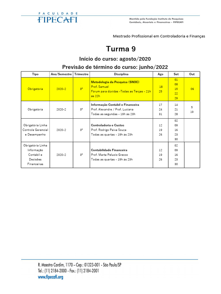 Cronograma de Aulas Turma 9 | PDF | Contabilidade | Business