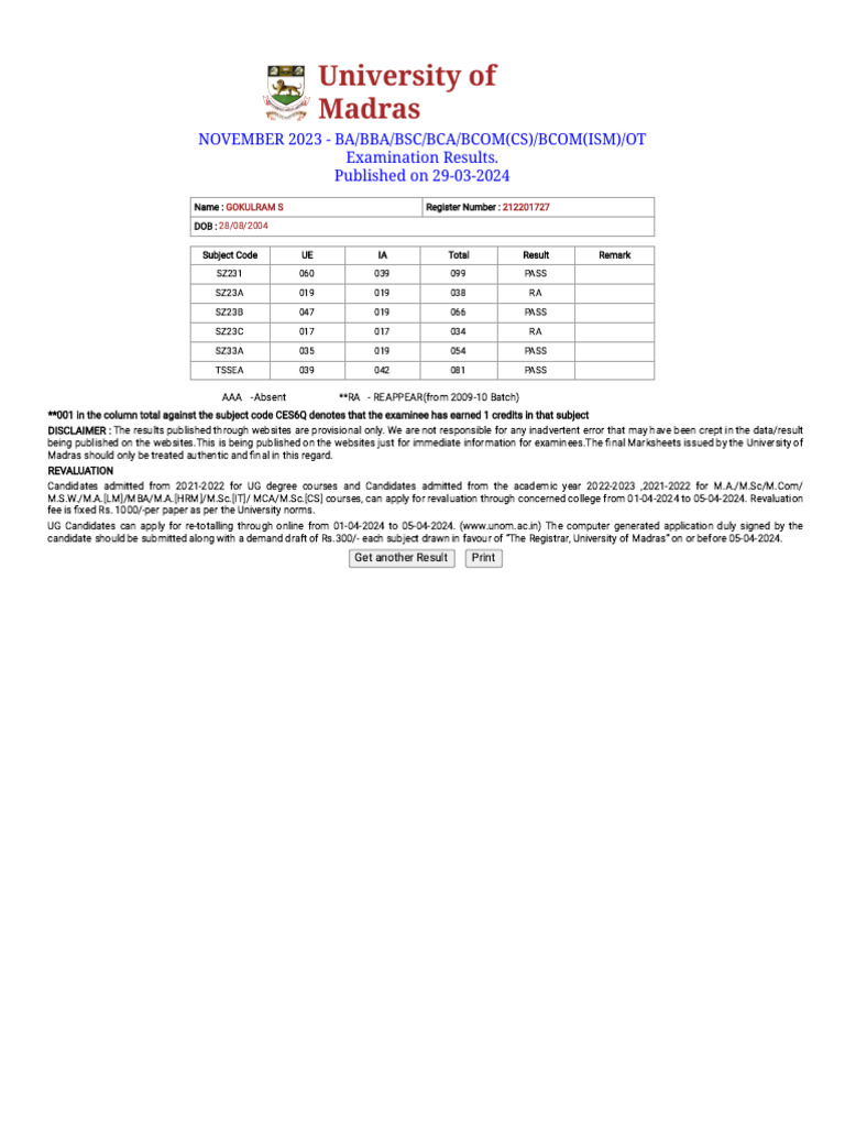 Madras Univ Nov 2023 Exam Results | PDF | Academia | Educational Stages
